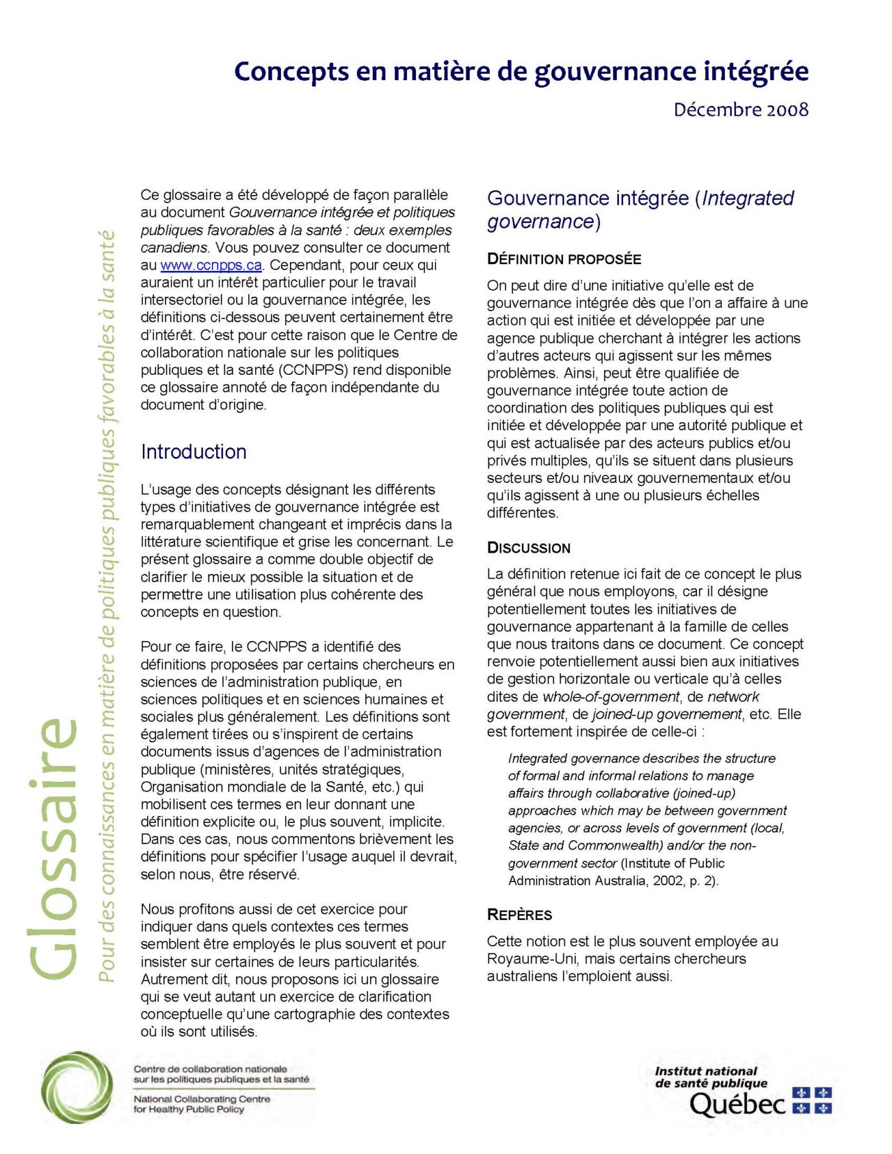 Concepts en matière de gouvernance intégrée - Centre de collaboration ...