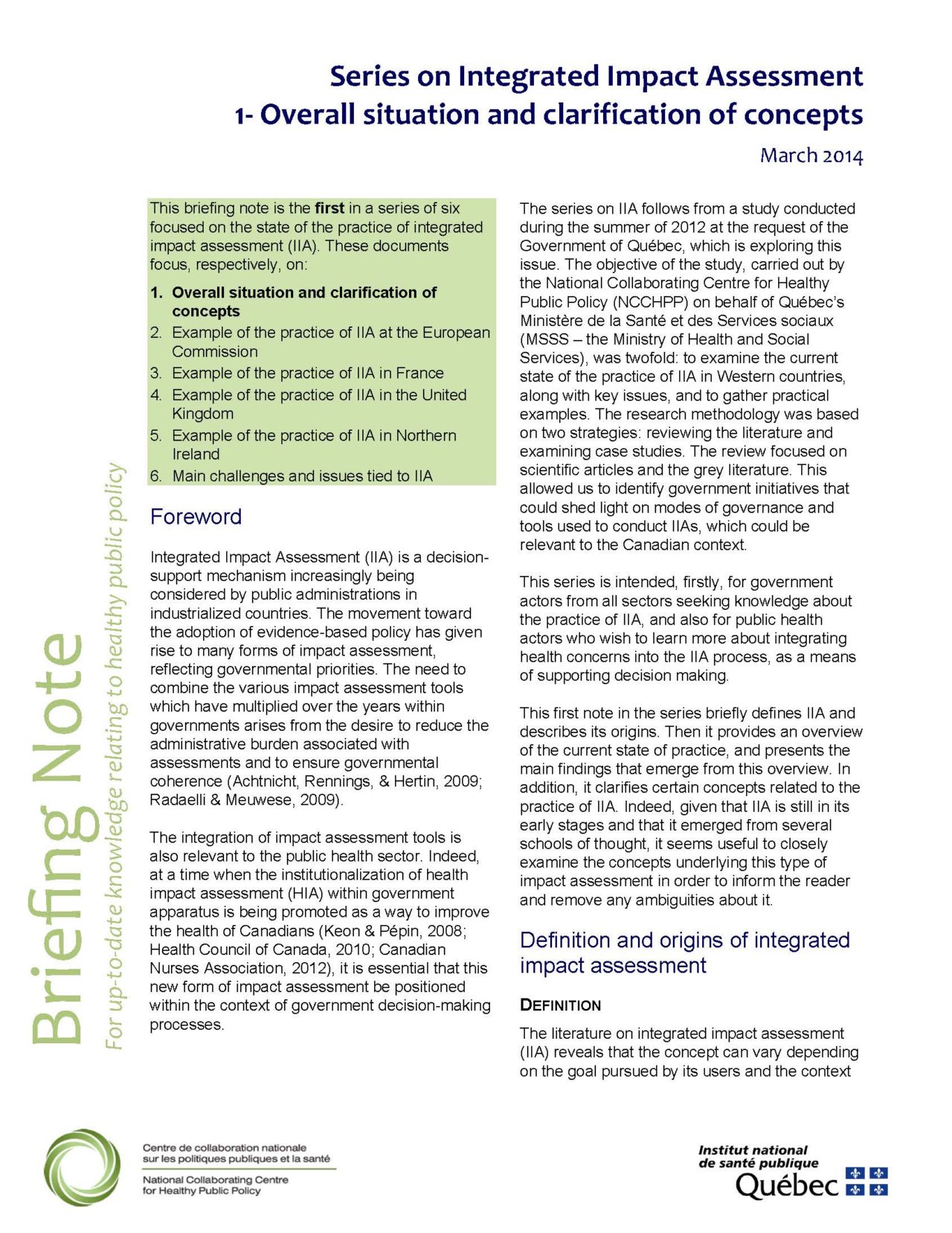 Series on Integrated Impact Assessment (IIA): 1- Overall situation and ...