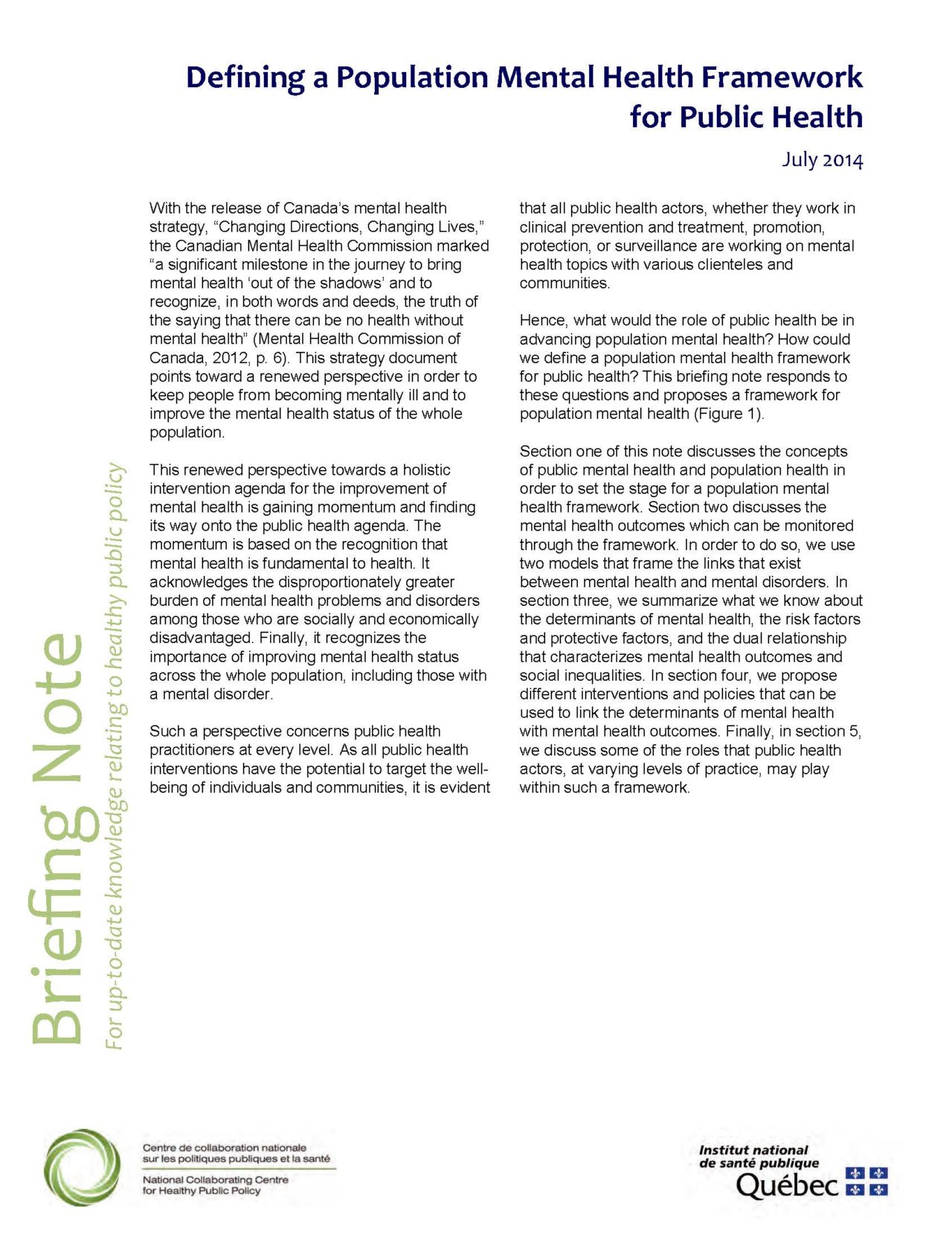 Defining a Population Mental Health Framework for Public Health ...
