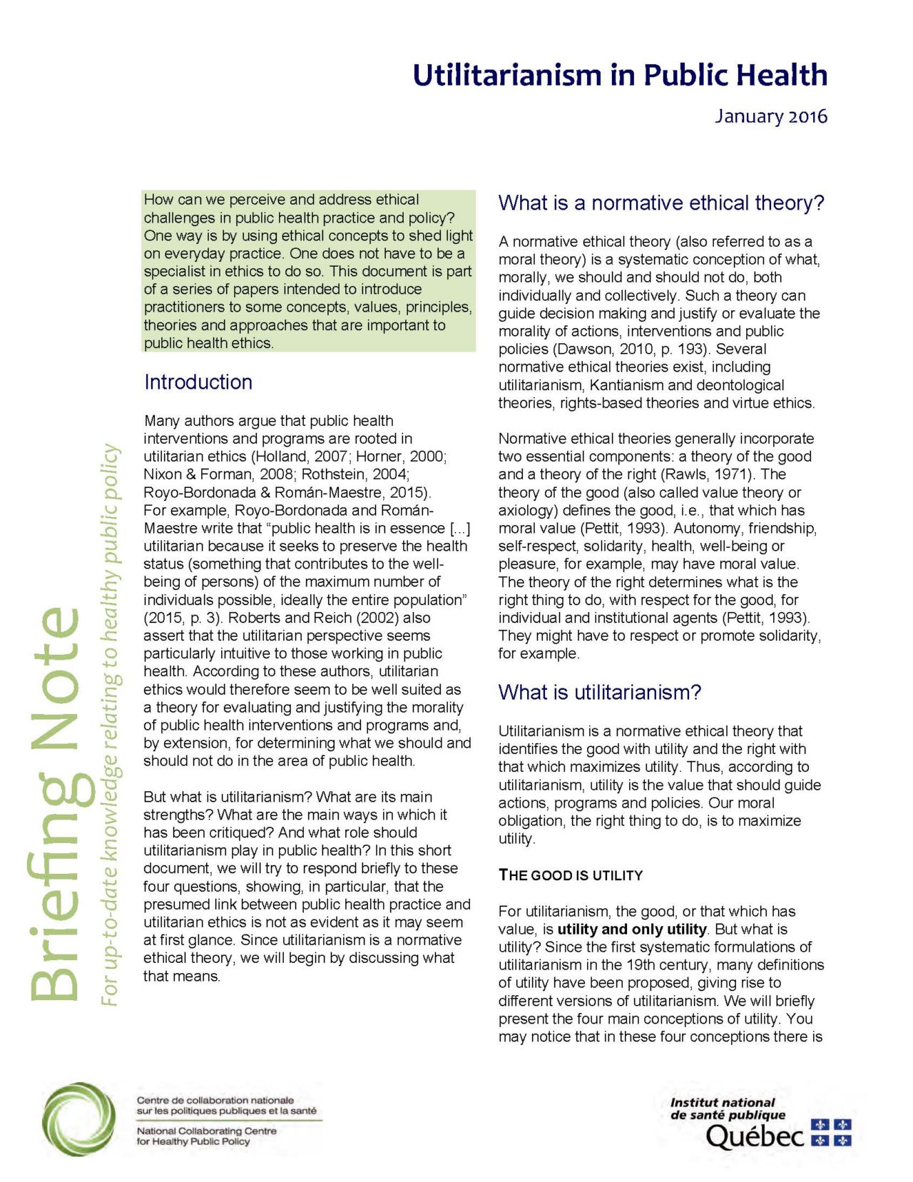 Utilitarianism in Public Health - National Collaborating Centre for ...