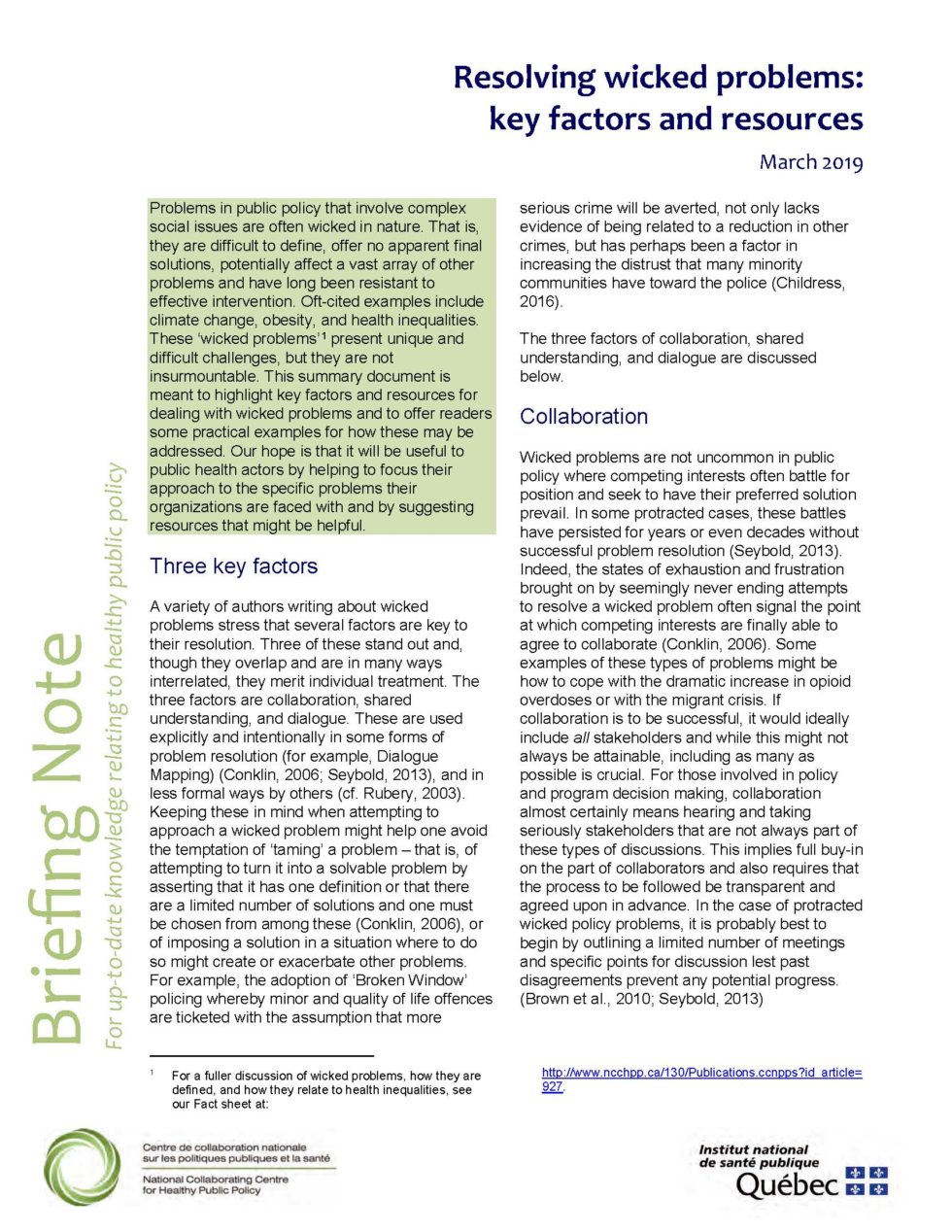 Resolving wicked problems: key factors and resources - National ...