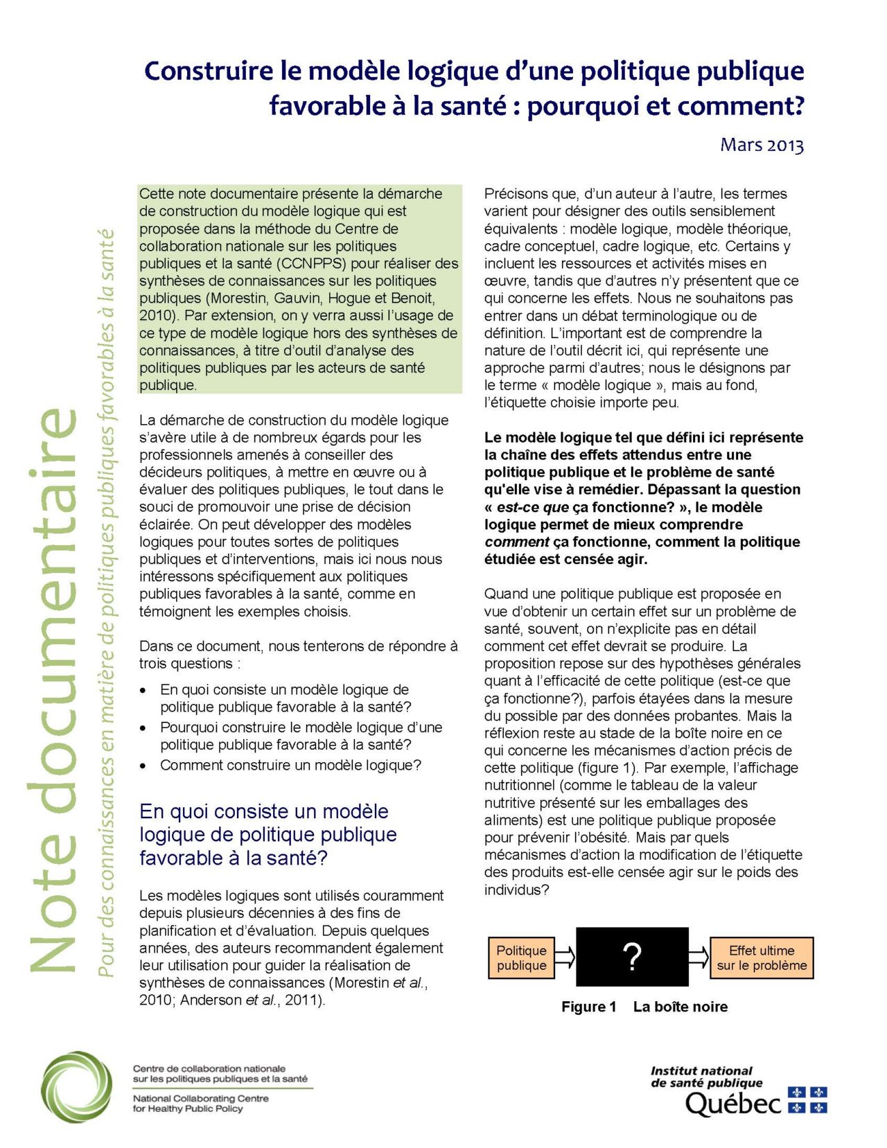 Construire le modèle logique d’une politique publique favorable à la ...